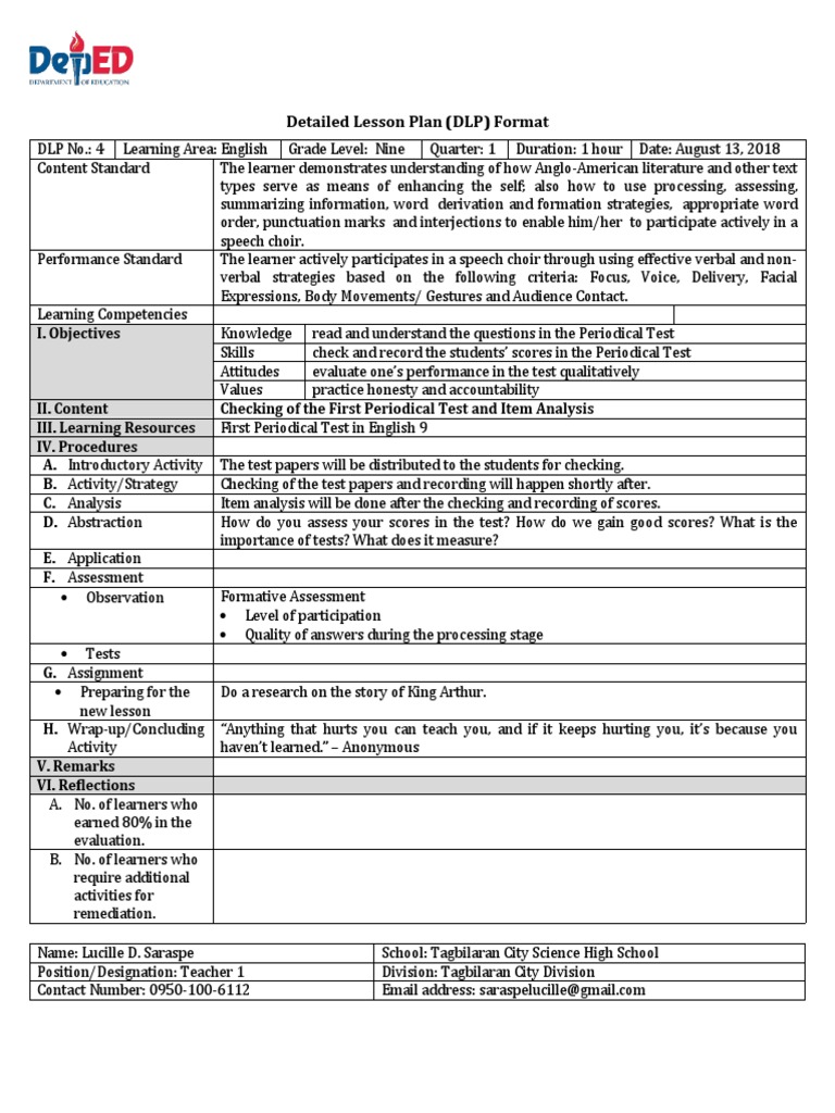 Detailed Lesson Plan (DLP) Format | Download Free PDF | Educational ...