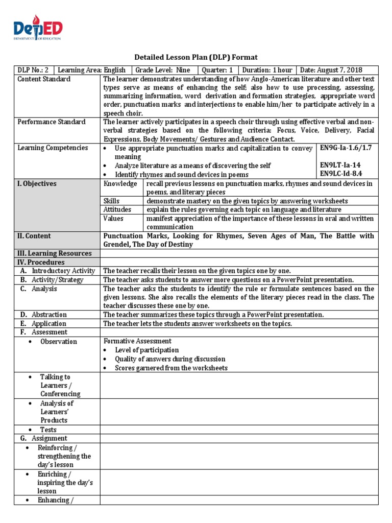 Detailed Lesson Plan (DLP) Format | PDF | Lesson Plan | Learning