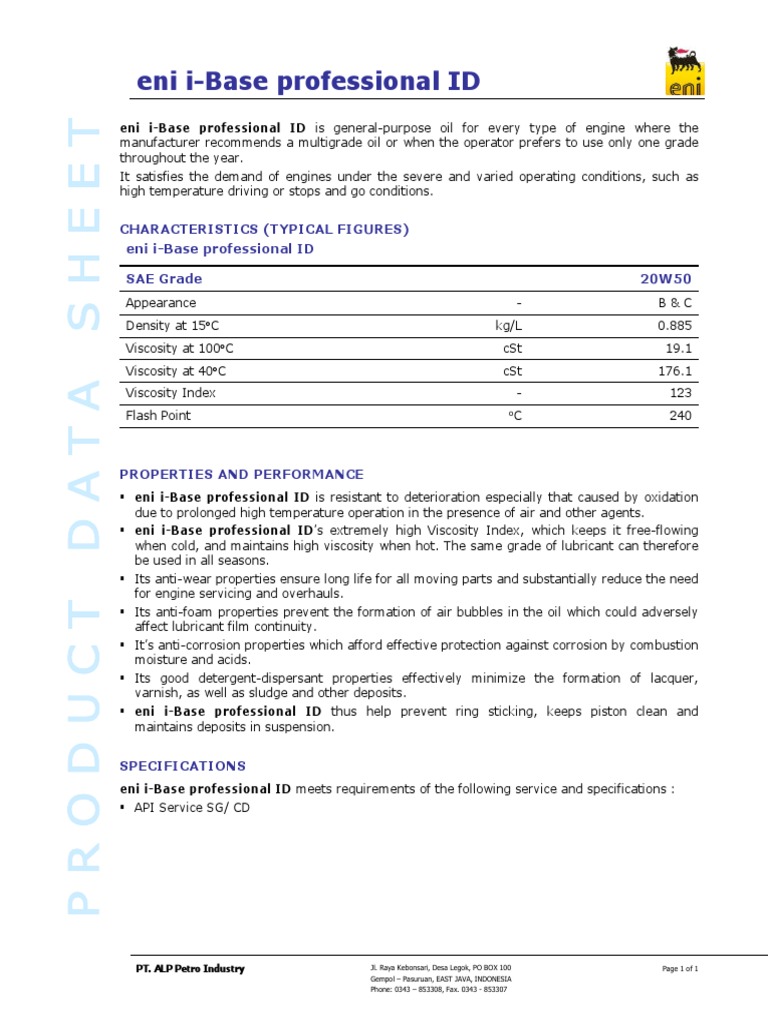 Characteristics (Typical Figures) Eni I-Base Professional ID SAE Grade 20W50 | PDF | Lubricant ...