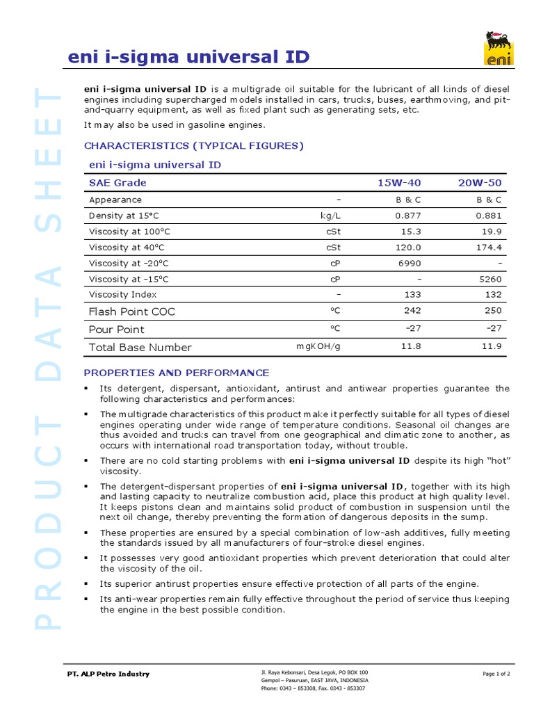 Characteristics (Typical Figures) Eni I-Sigma Universal ID SAE Grade 15W-40 20W-50 | PDF | Motor ...