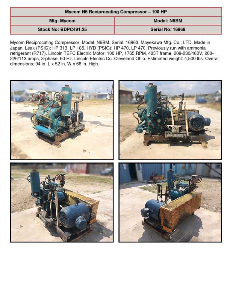 Mycom N6BM 100 HP Compressor Details | PDF