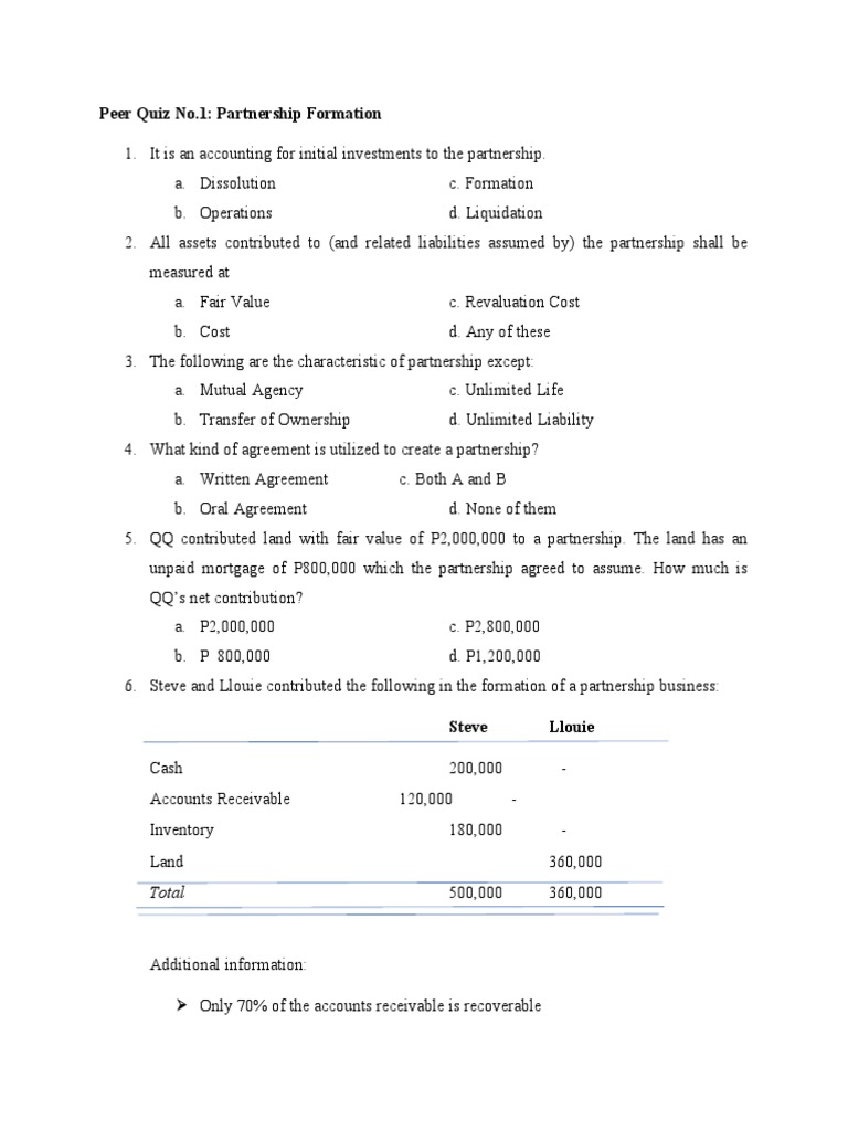 Partnership Formation Quiz and Answers | PDF | Partnership | Fair Value