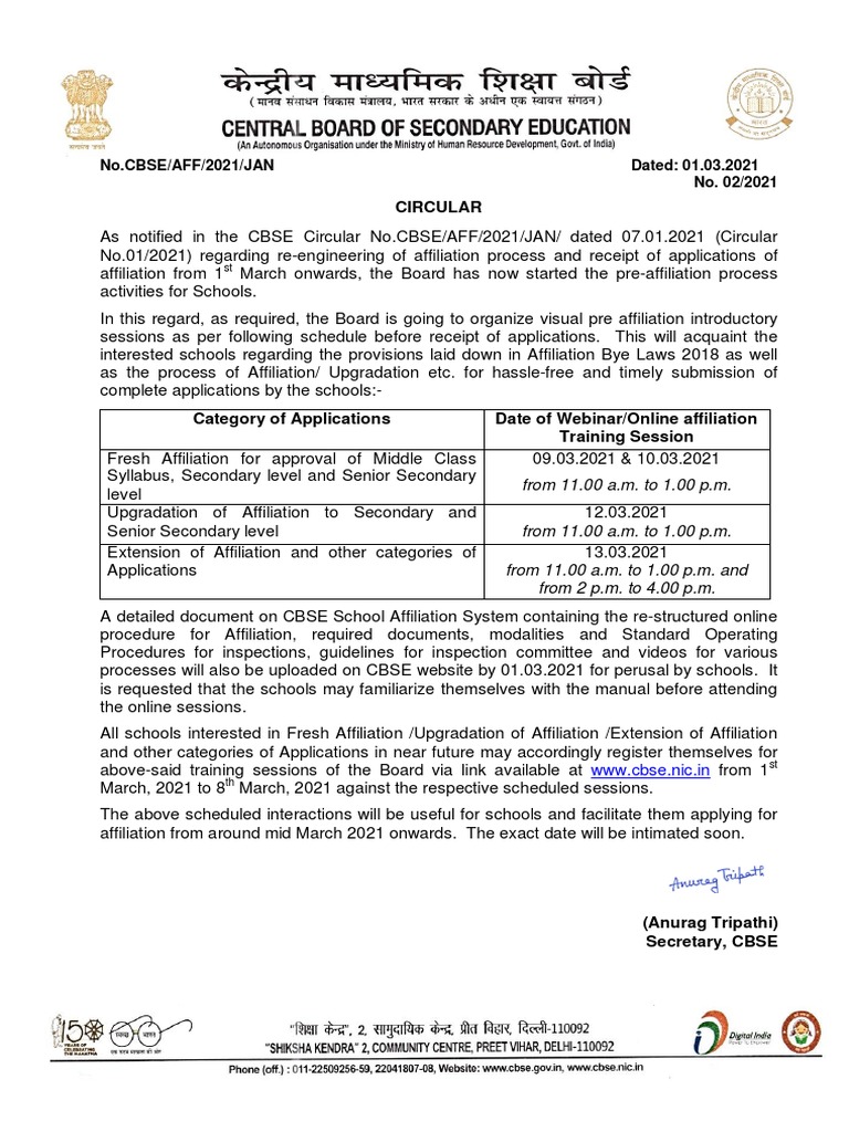 CBSE Affiliation Webinar Schedule | PDF | Government | Business