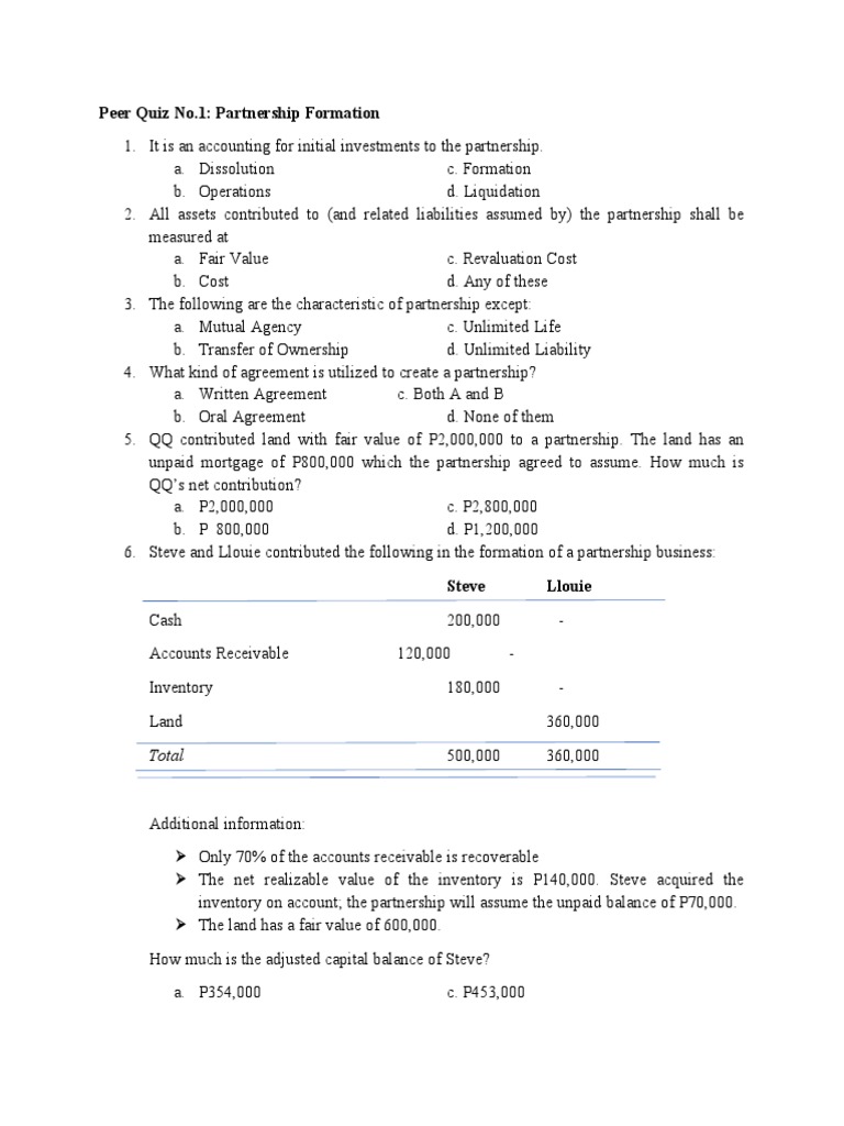 Peer Quiz No.1: Partnership Formation: Total | PDF | Book Value ...