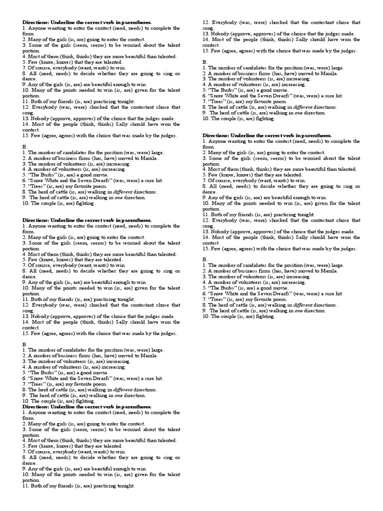 Indefinite Pronouns Verb Agreement Exercises | PDF