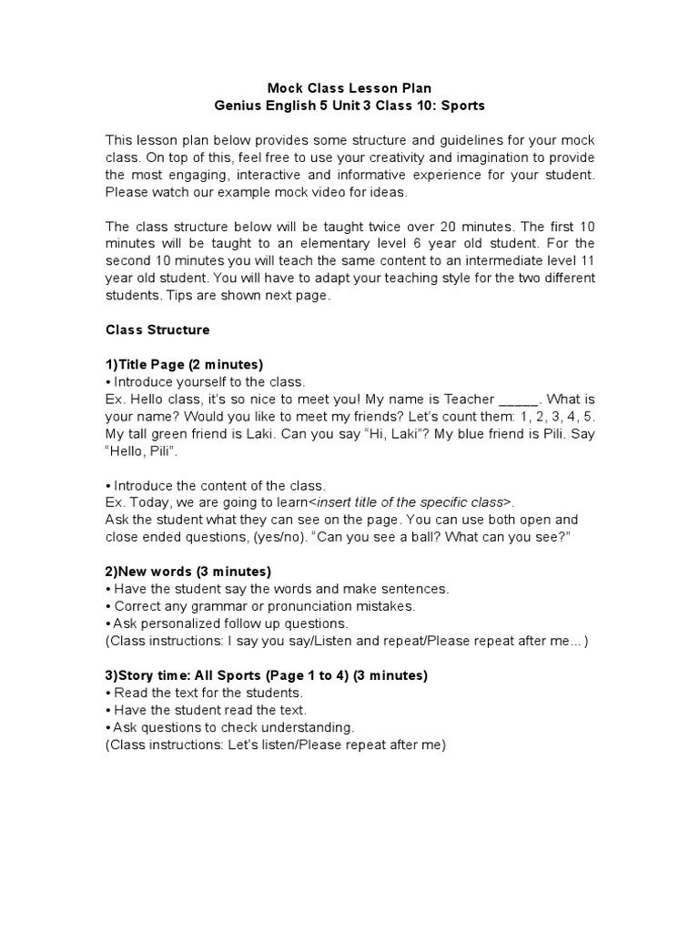Mock Class Lesson Plan Genius English 5 Unit 3 Class 10: Sports ...