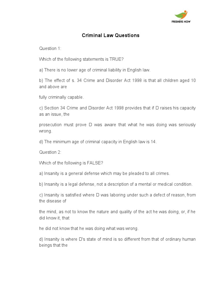 Criminal Law Questions and Answers | PDF | Insanity Defense | Insanity