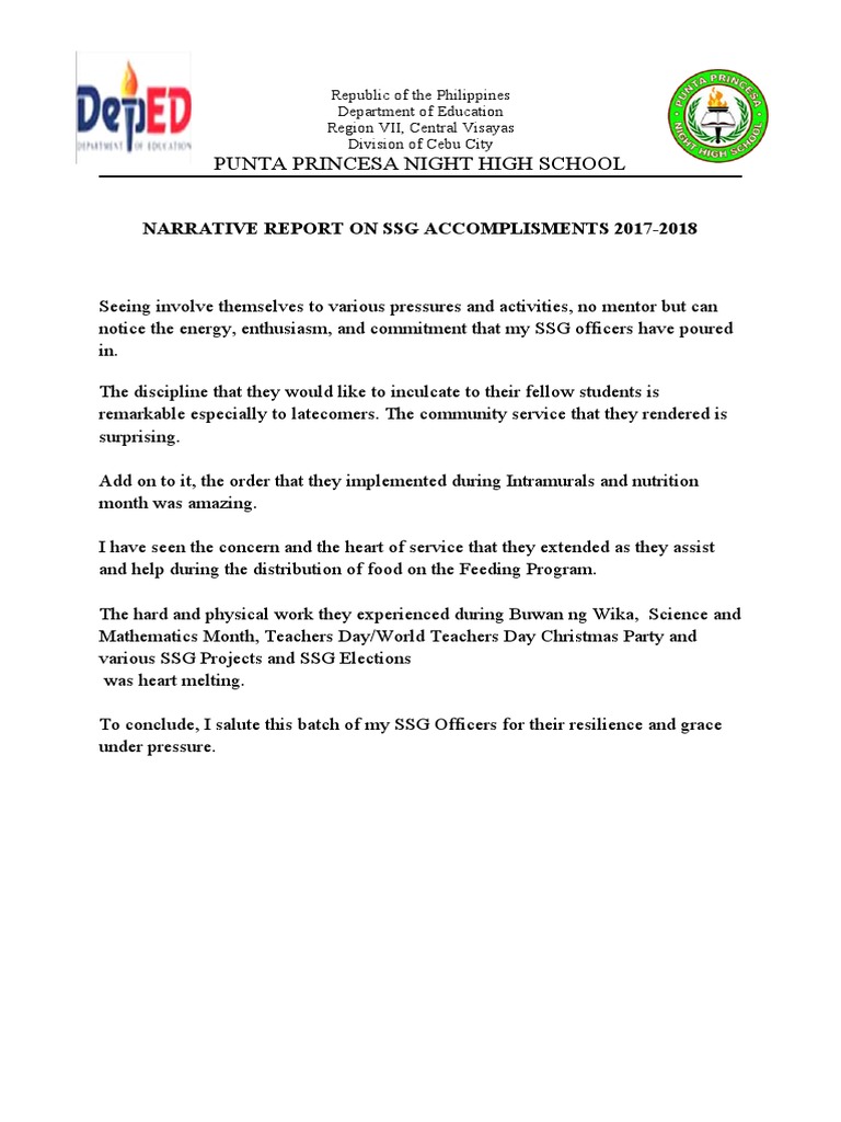 NARRATIVE Report On SSG ACCOMPLISHMENT REPORT 2017-2018 | PDF