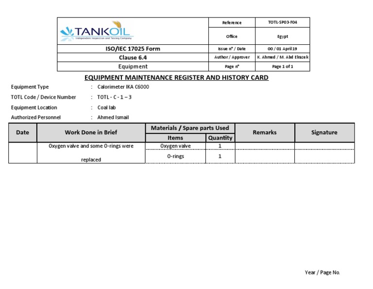 Equipment Maintenance Register and History Card: ISO/IEC 17025 Form ...