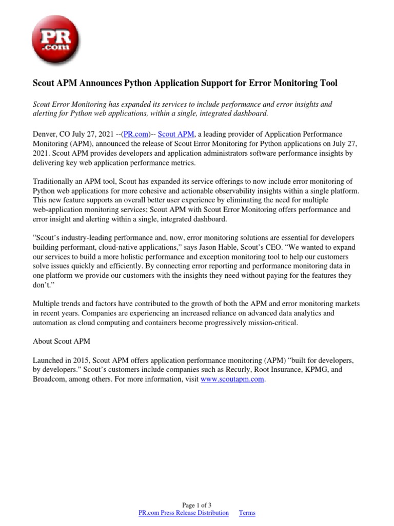 Scout APM Announces Python Application Support For Error Monitoring Tool | PDF | Application ...