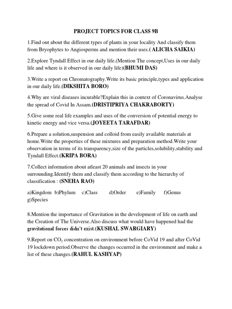 Project Topics For Class 9B | PDF | Physics | Chemistry
