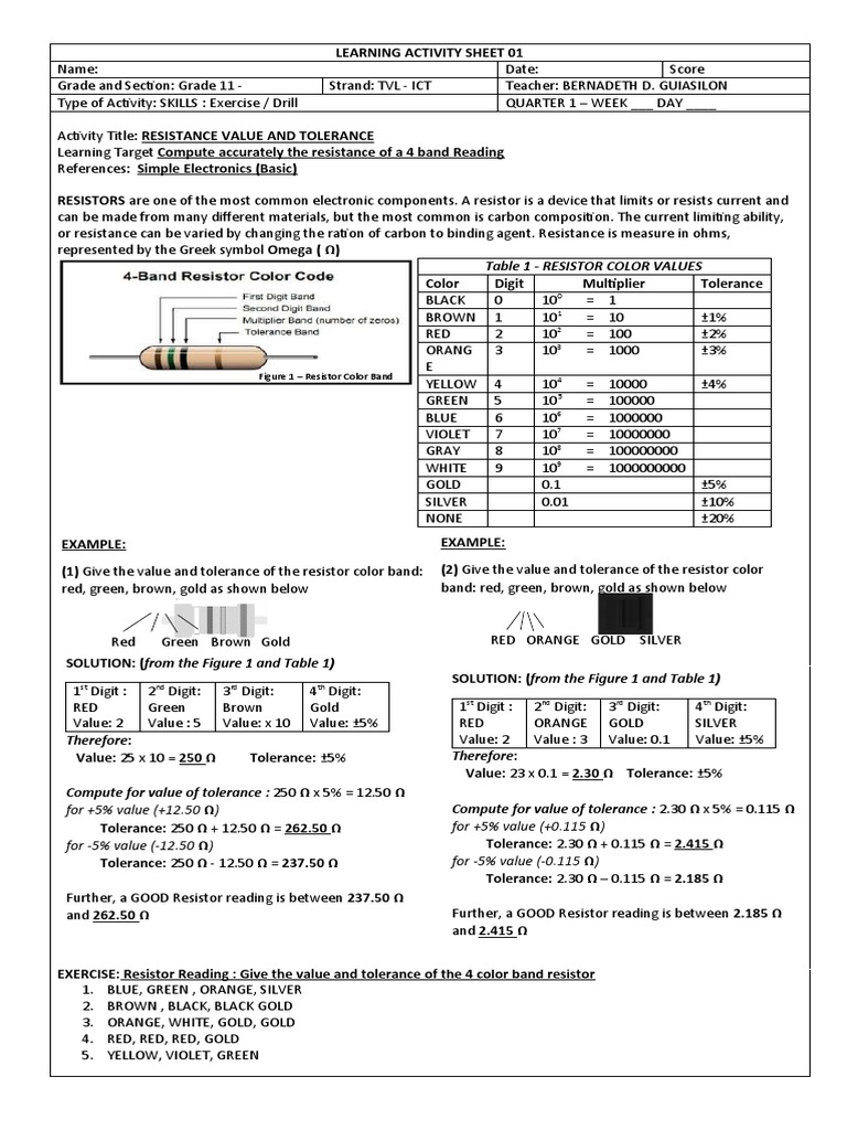 Learning Activity Sheet 1 | PDF | Resistor | Color