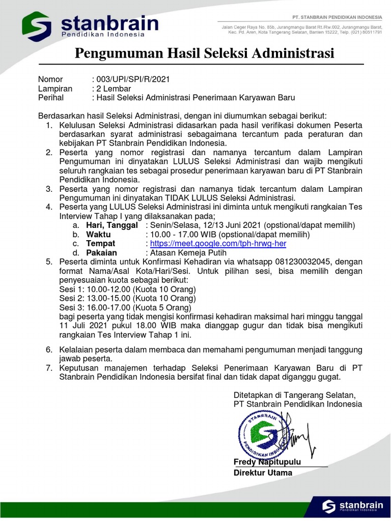 Pengumuman Hasil Seleksi Administrasi | PDF