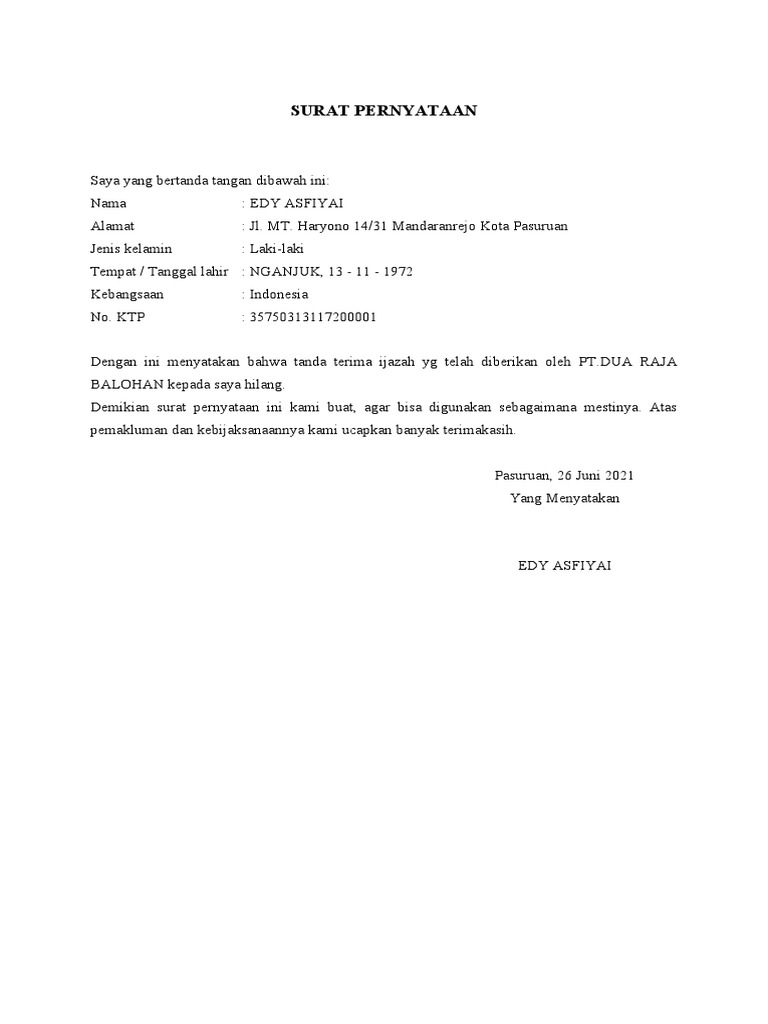 Contoh Surat Kehilangan Dokumen | PDF Contoh Surat Kehilangan Dokumen | PDF
