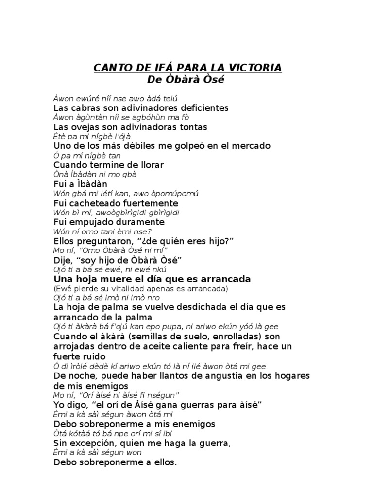 Canto Ifá para la Victoria de Òbàrà Òsé | PDF | Cocina, comidas y vino ...
