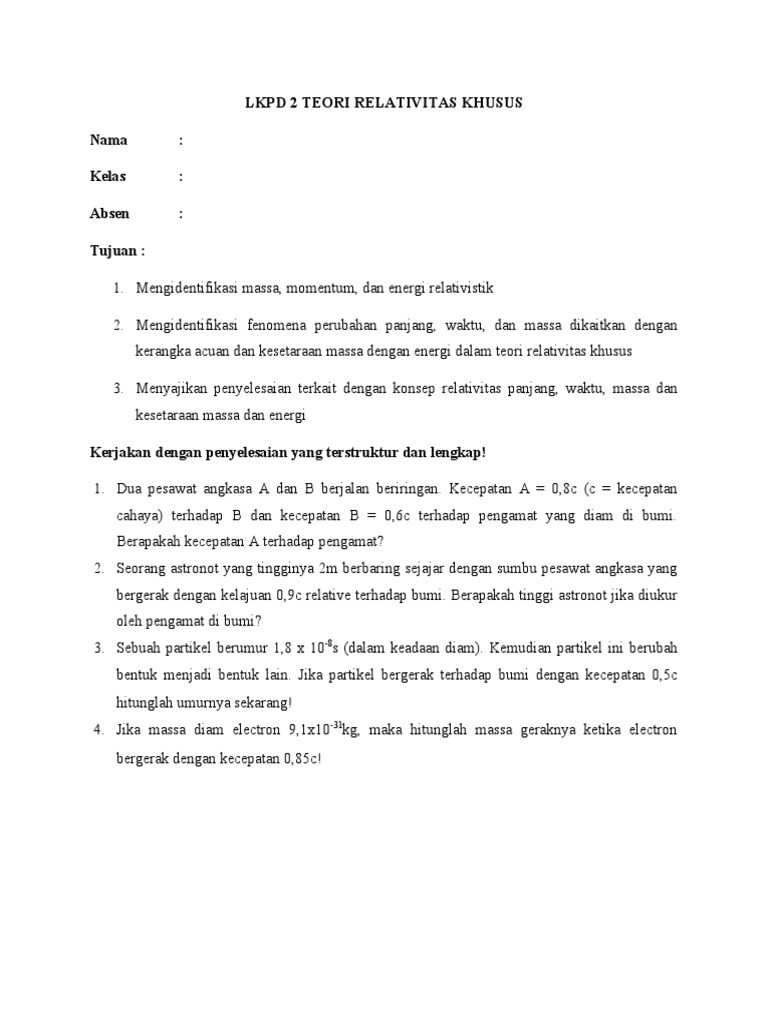 LKPD Teori Relativitas Khusus | PDF