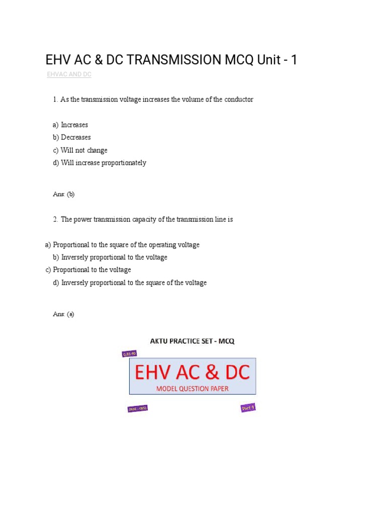 Ehv Ac & DC Transmission MCQ Unit - 1 | PDF | Electric Power Transmission | High Voltage