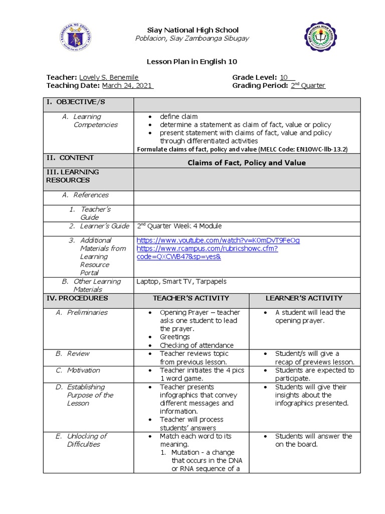 Lesson Plan in Claims of Fact and Opinion | PDF | Lesson Plan | Teachers