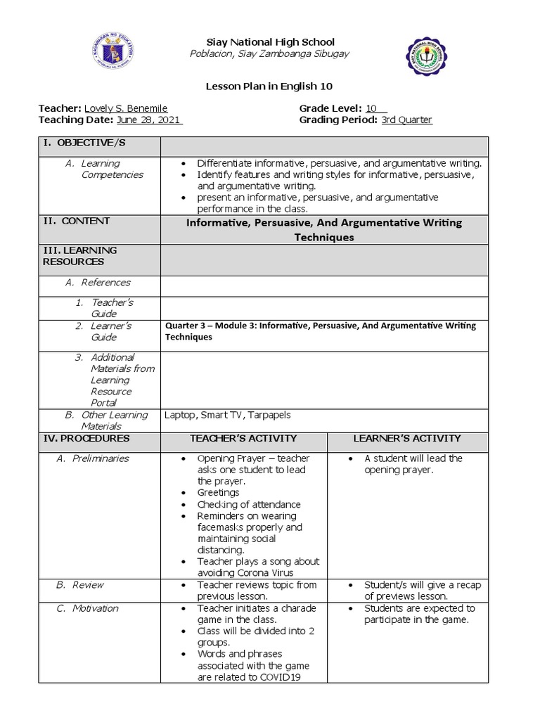 Lesson Plan On Informative Persuasive and Argumentative Essay | PDF ...