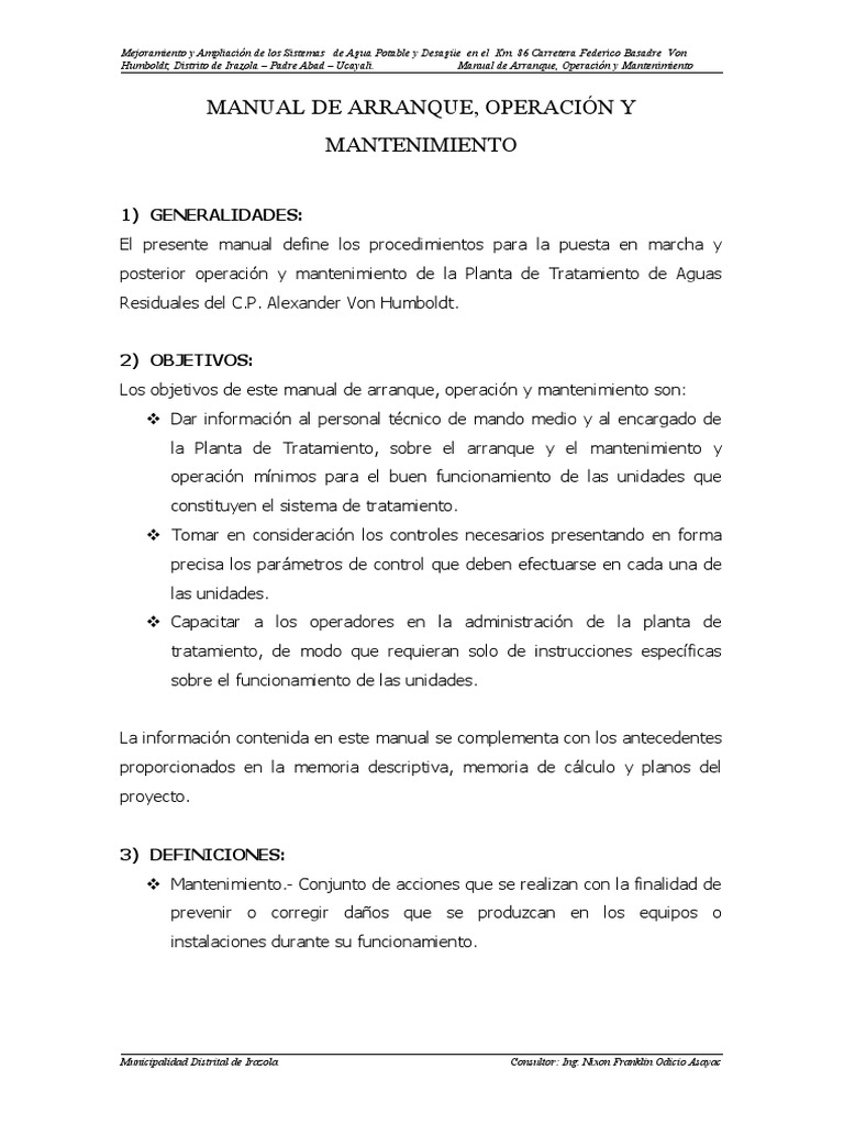 Manual de o & M Ptar Von Humboldt | PDF | Efluente | Colector de aguas pluviales