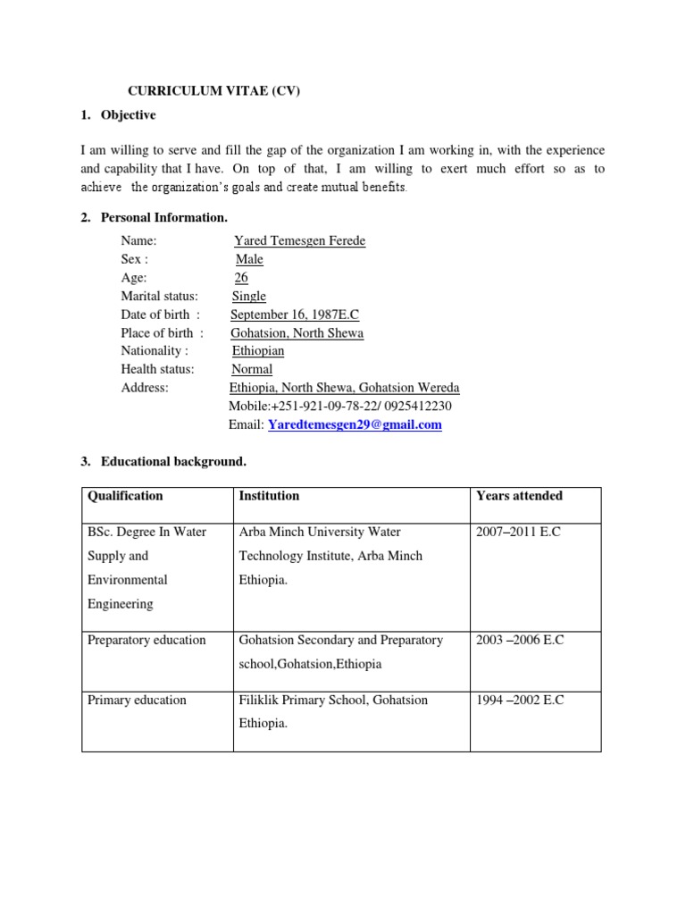 Curriculum Vitae (CV) 1. Objective | PDF | Ethiopia | Academic Degree