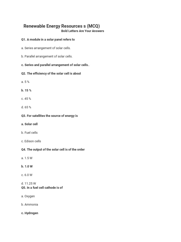 Renewable Energy MCQ Quiz and Answers | PDF