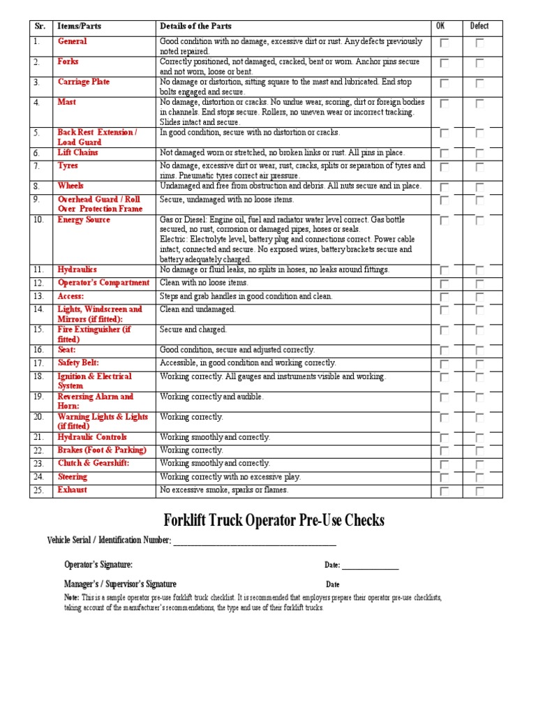 Forklift Truck Operator Pre-Use Checks & Checklists | PDF | Forklift ...