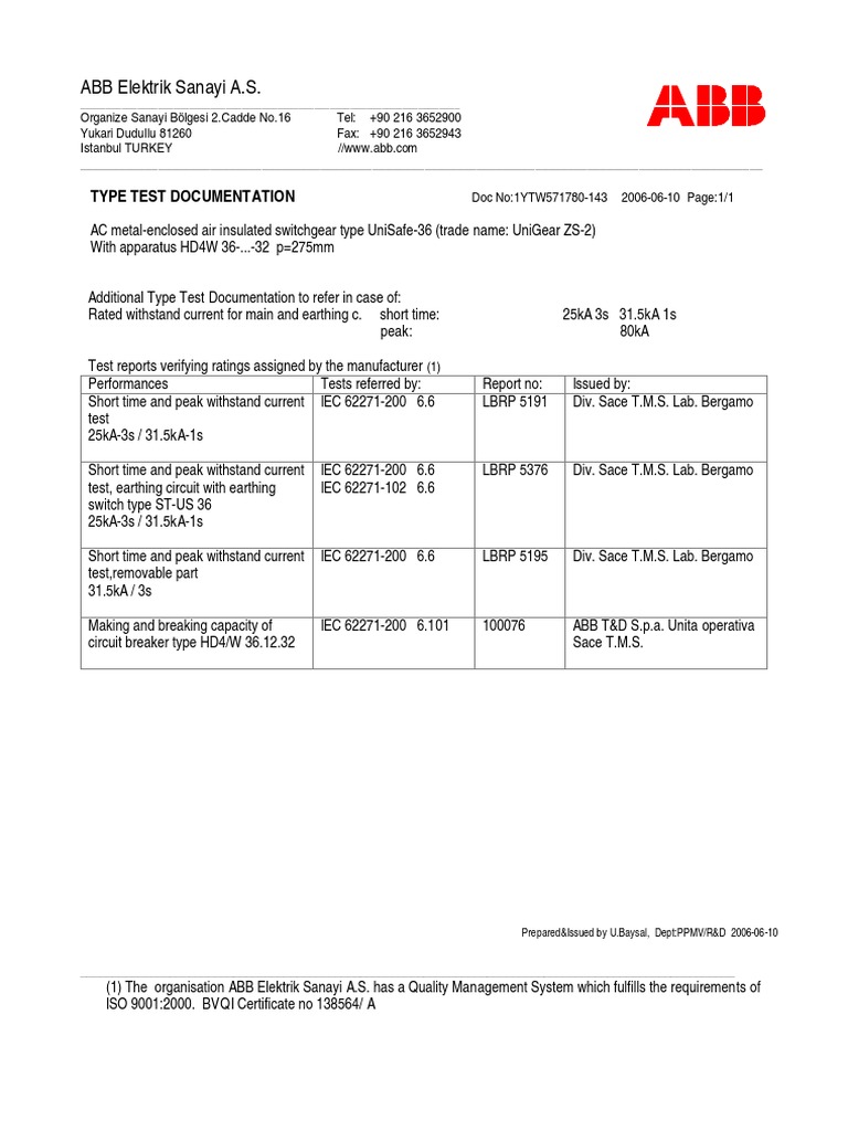 ABB Elektrik Sanayi A.S.: Type Test Documentation | PDF