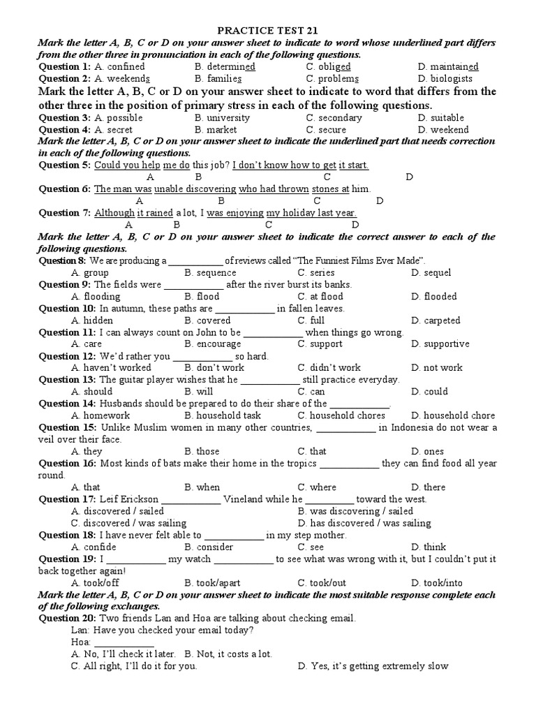 Mark The Letter A, B, C or D On Your Answer Sheet To Indicate To Word That Differs From The ...