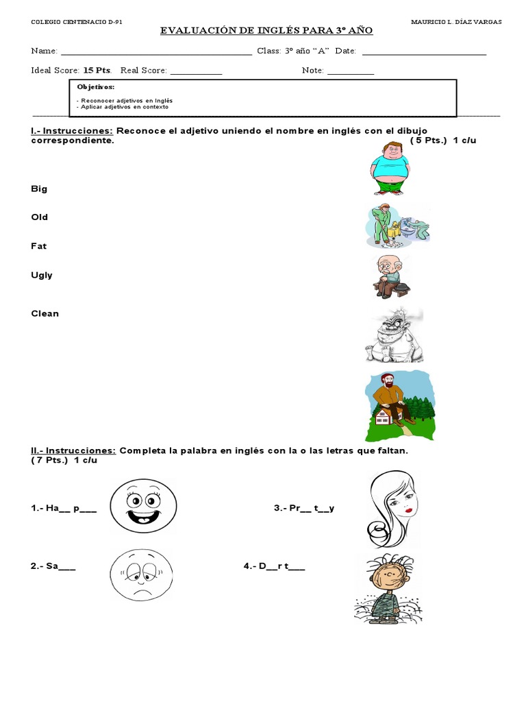 Prueba de Ingles-Adjetivos | PDF