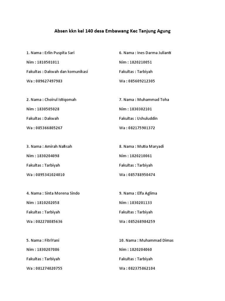 Absen KKN Kel 140 Desa Embawang | PDF