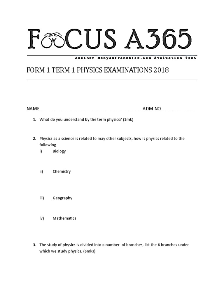 Form 1 Physics Term 1 Exam 2018 | PDF | Density | International System ...