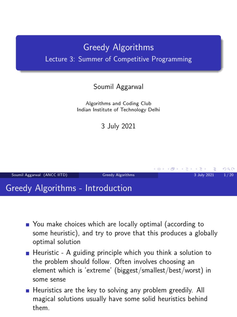 Greedy Algorithms: Lecture 3: Summer of Competitive Programming | Download Free PDF | Applied ...