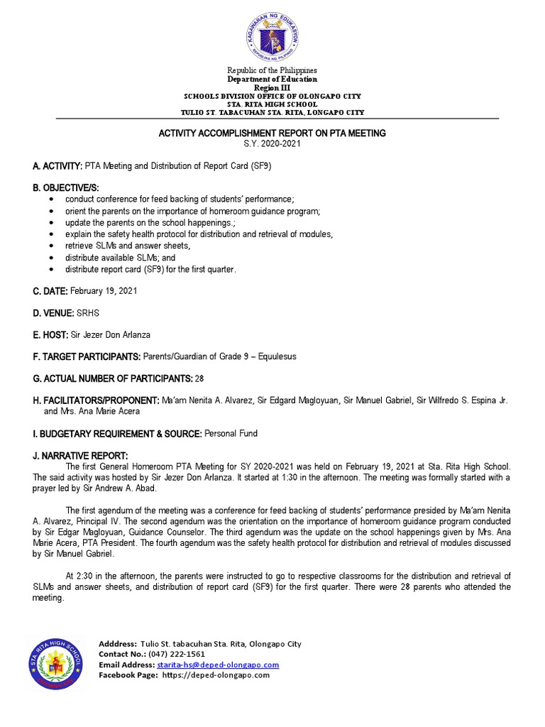 Sta. Rita High School PTA Meeting Report | PDF | Further Education