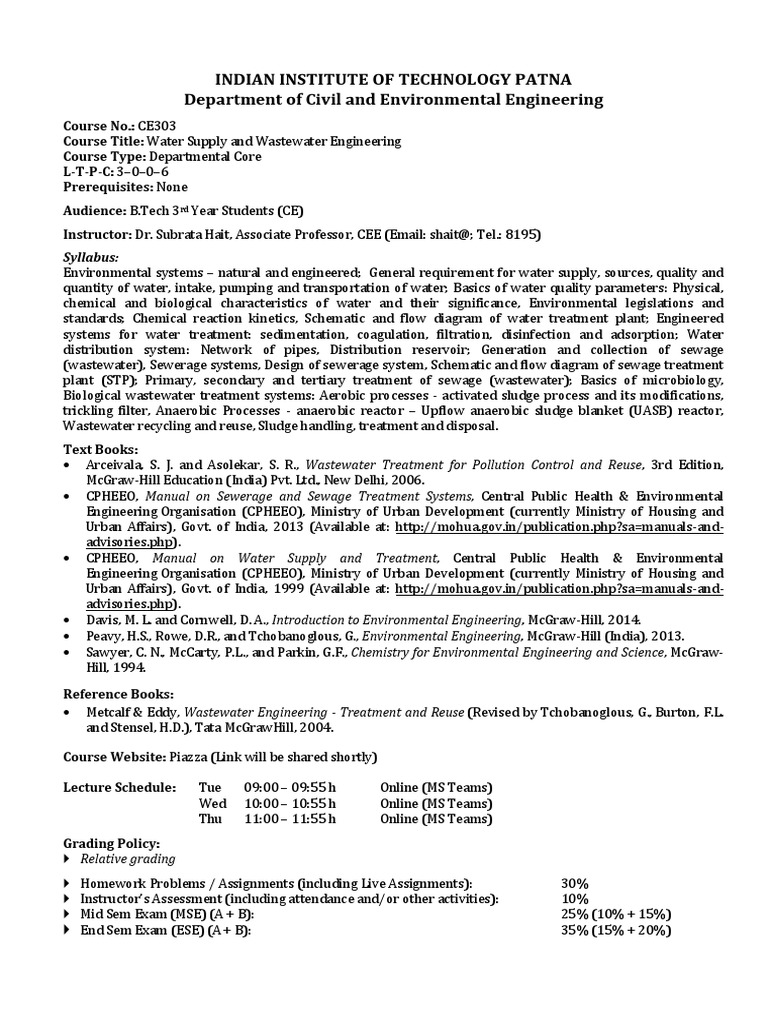 CE303 - Syllabus - 2021-22 I | PDF | Sewage Treatment | Water Purification