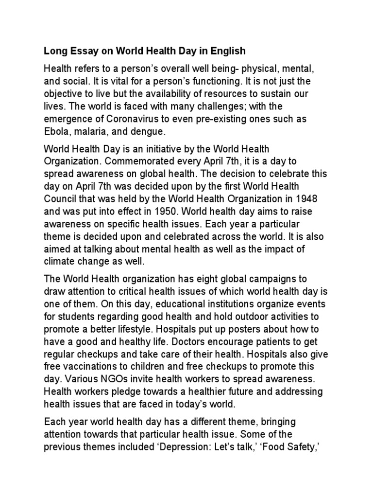 Long Essay On World Health Day in English | PDF | World Health ...