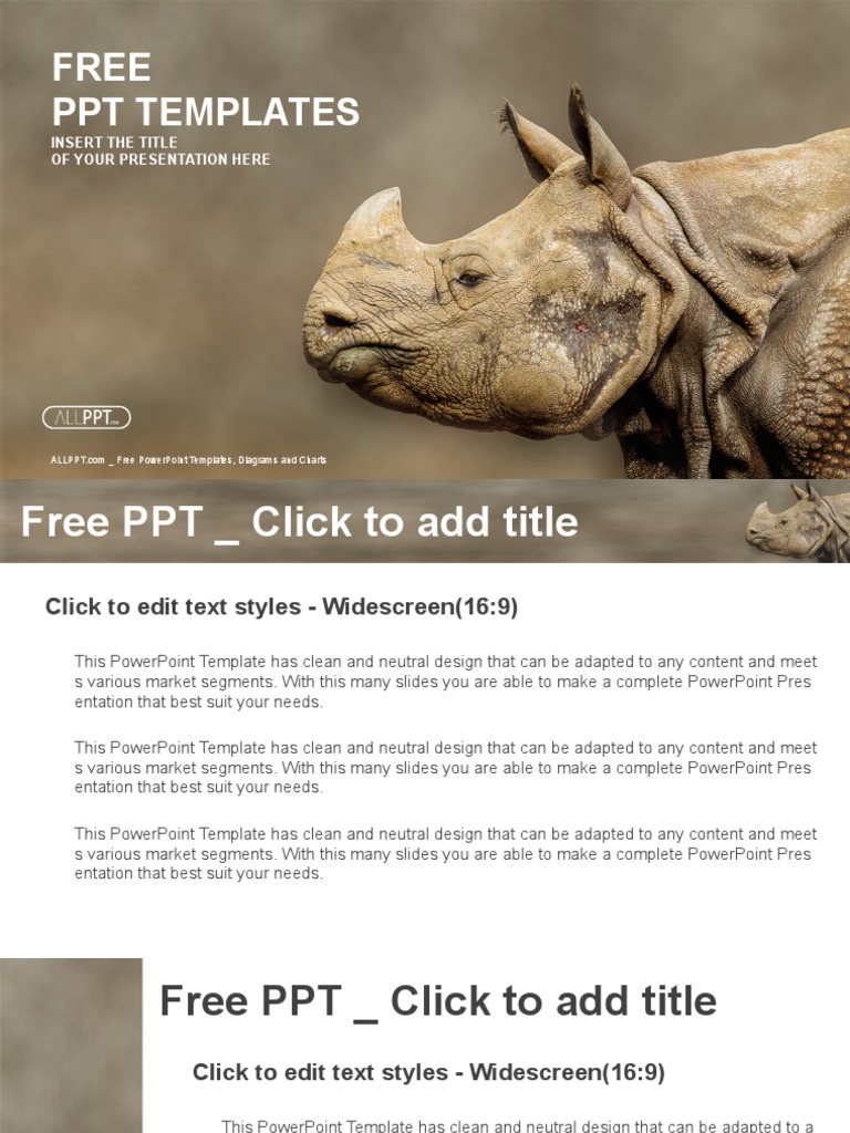 Rhino Rhinoceros Head Shot PowerPoint Templates Widescreen | PDF