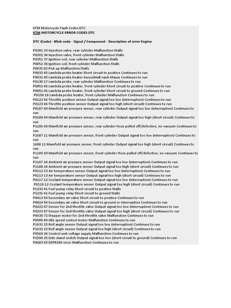KTM Motorcycle Fault Codes DTC | PDF | Throttle | Ignition System