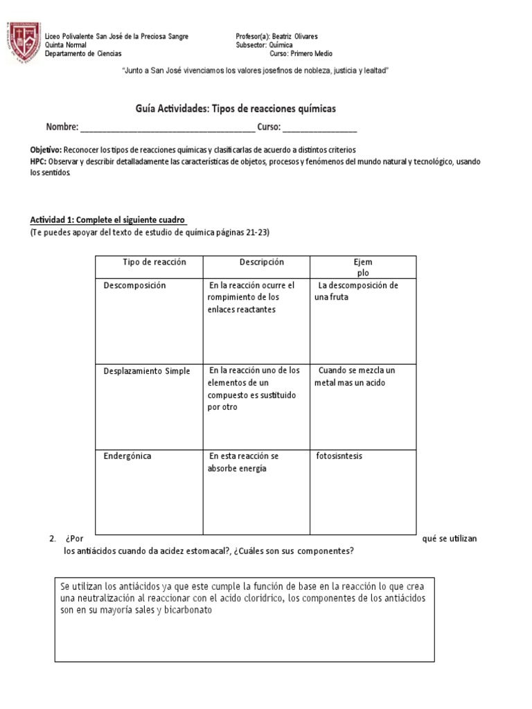 1ro Medio. Guía Actividades Clasificación de Una Reacción para Trabajar ...