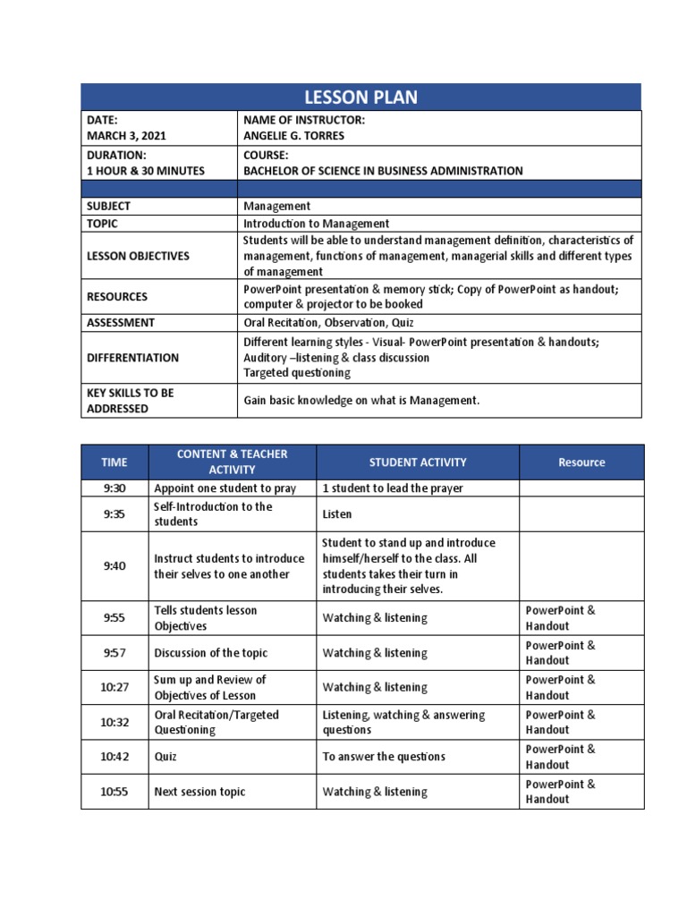 Lesson Plan - Introduction To Management | PDF | Microsoft Power Point ...