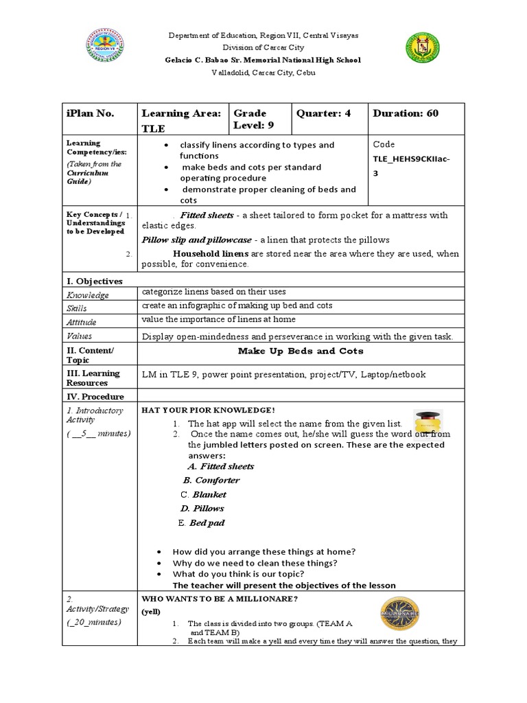 Iplan No. Learning Area: Tle Grade Level: 9 Quarter: 4 Duration: 60 | PDF | Pedagogy | Teachers