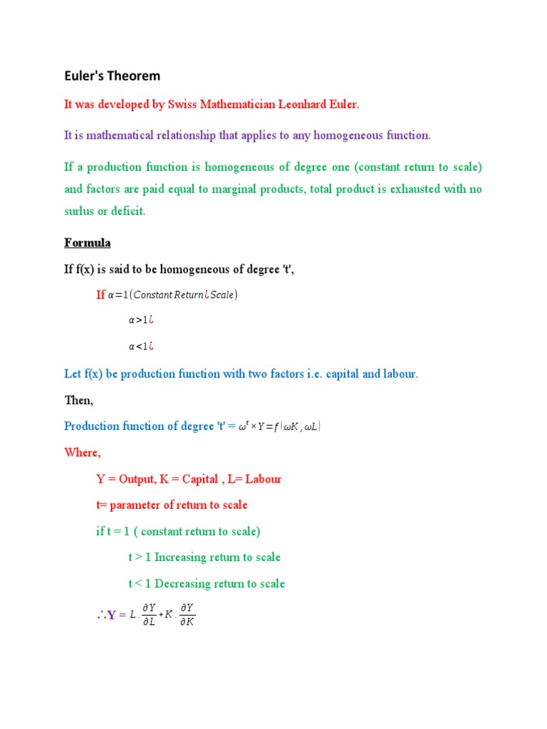 Euler's Theorem: It Was Developed by Swiss Mathematician Leonhard Euler | PDF | Production ...