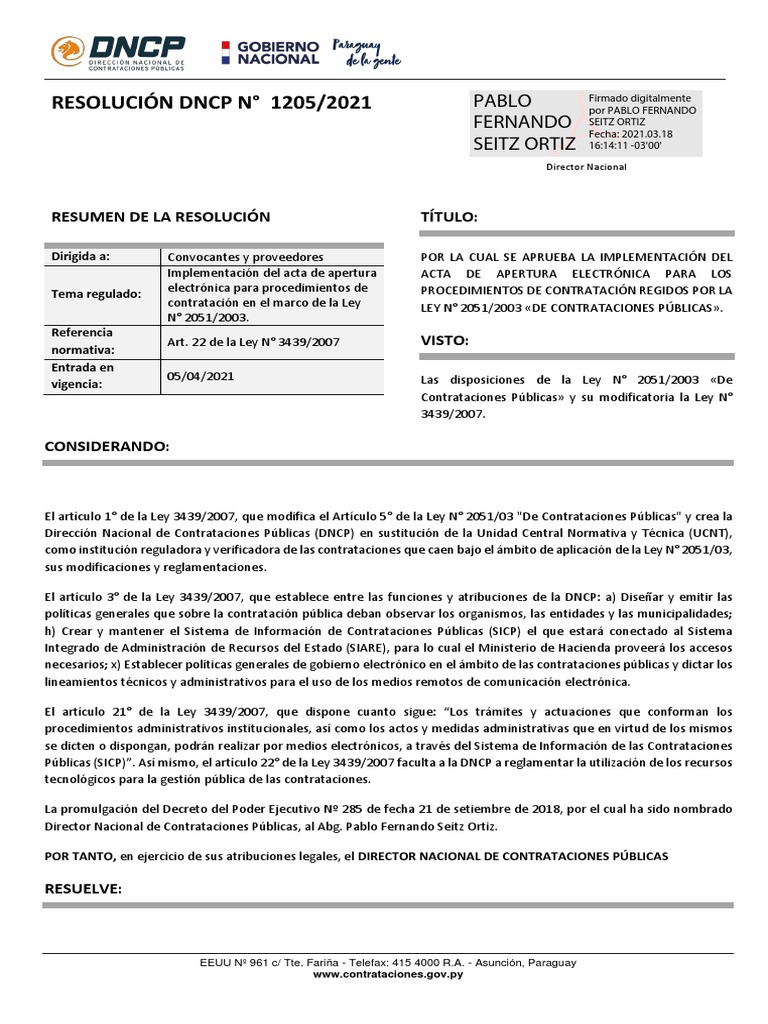 Res - DNCP - 1205 Implementacion de Acta Electronica | PDF | Justicia | Crimen y violencia