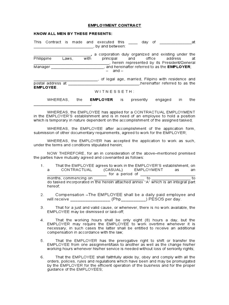 Employment Contract Form | PDF | Employment | Business Law