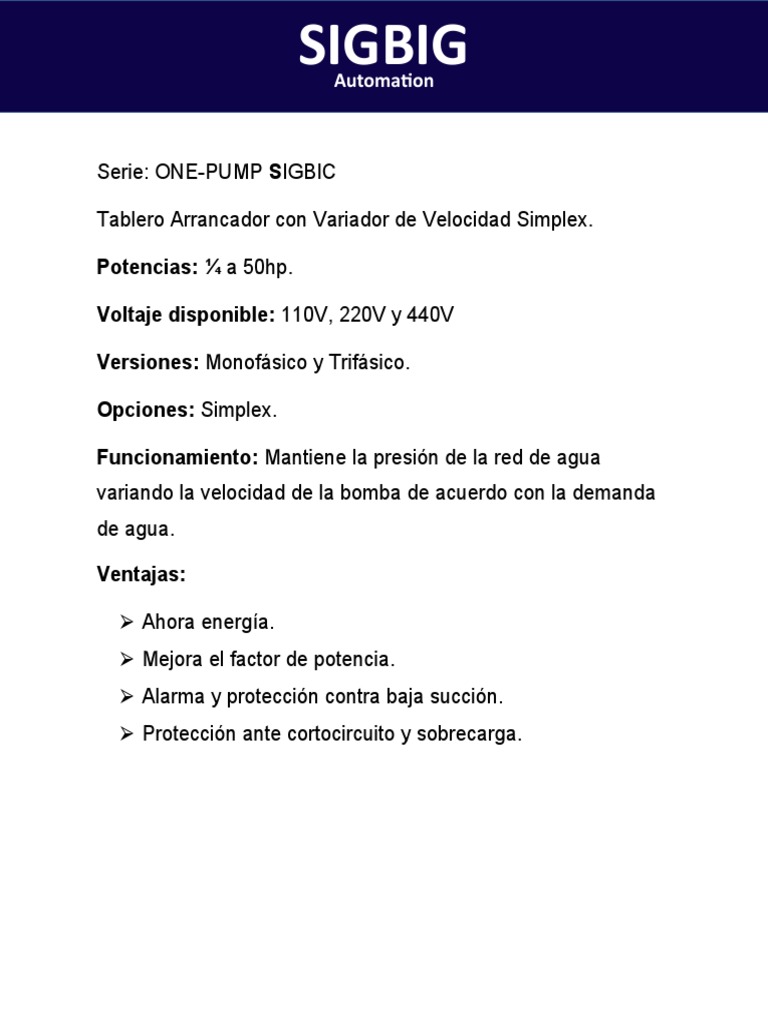 Data Sheet Tablero Arrancador Con Variador de Velocidad Simplex | PDF