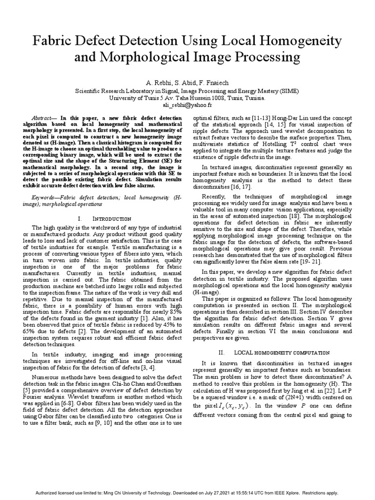 Fabric Defect Detection Using Local Homogeneity and Morphological Image Processing | PDF | Pixel ...