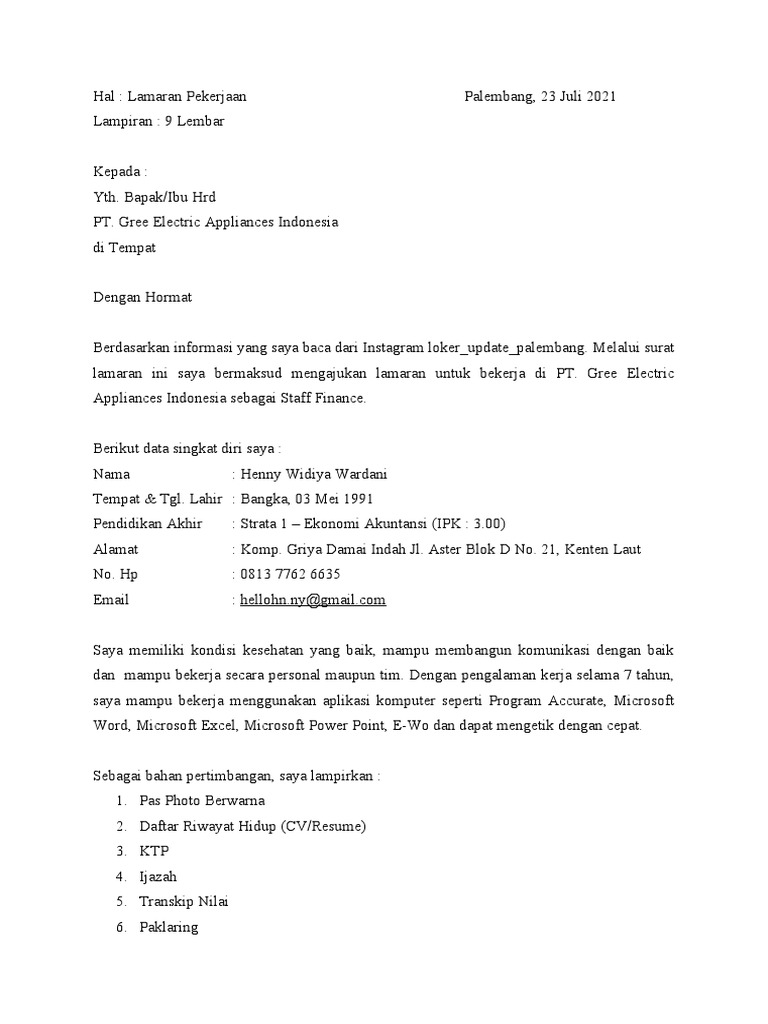 Lamaran Staff Finance di PT Gree | PDF