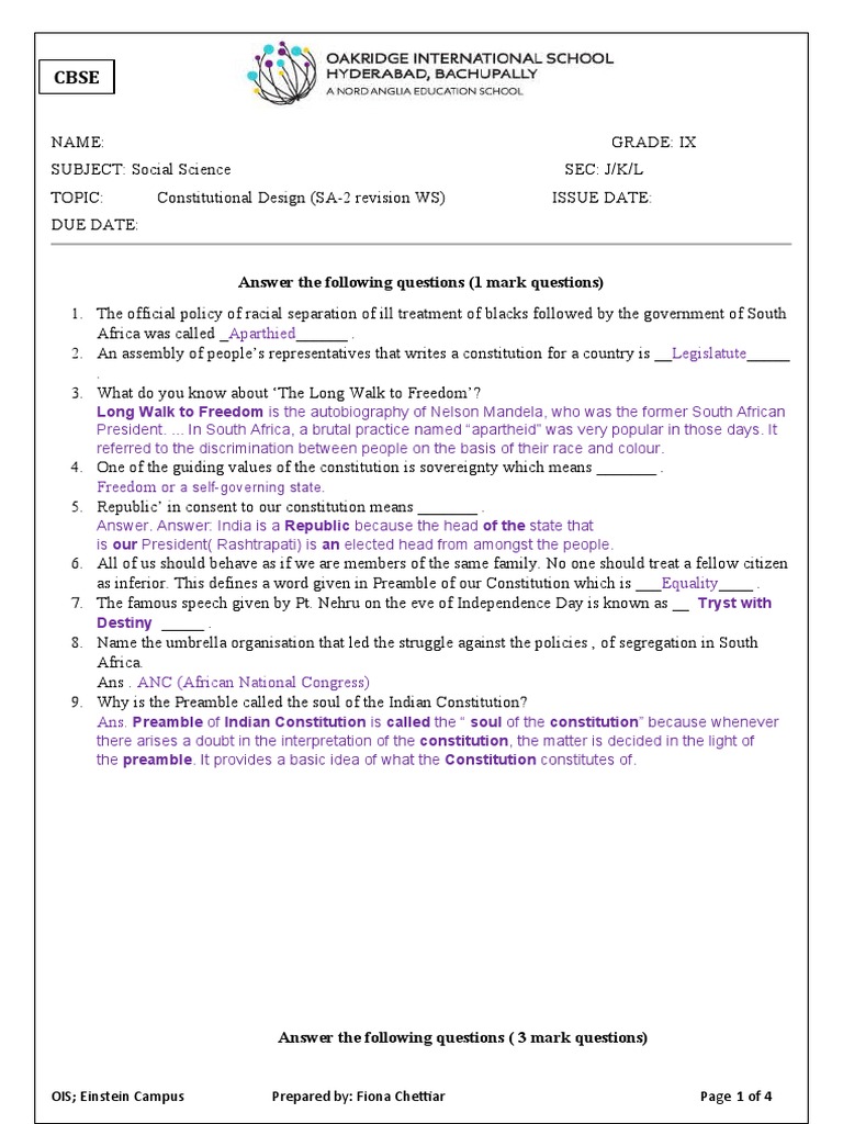 SA-2 Revision Worksheet Grade 9 - Constitutional Design | PDF ...