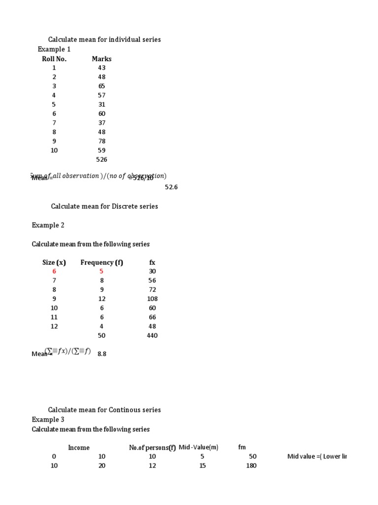 Calculate Mean For Individual Series Example 1: Roll No. Marks | PDF ...