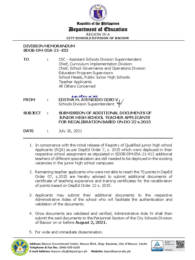Department of Education: Division Memorandum SDOB-DM-05A-21-433 TO | PDF